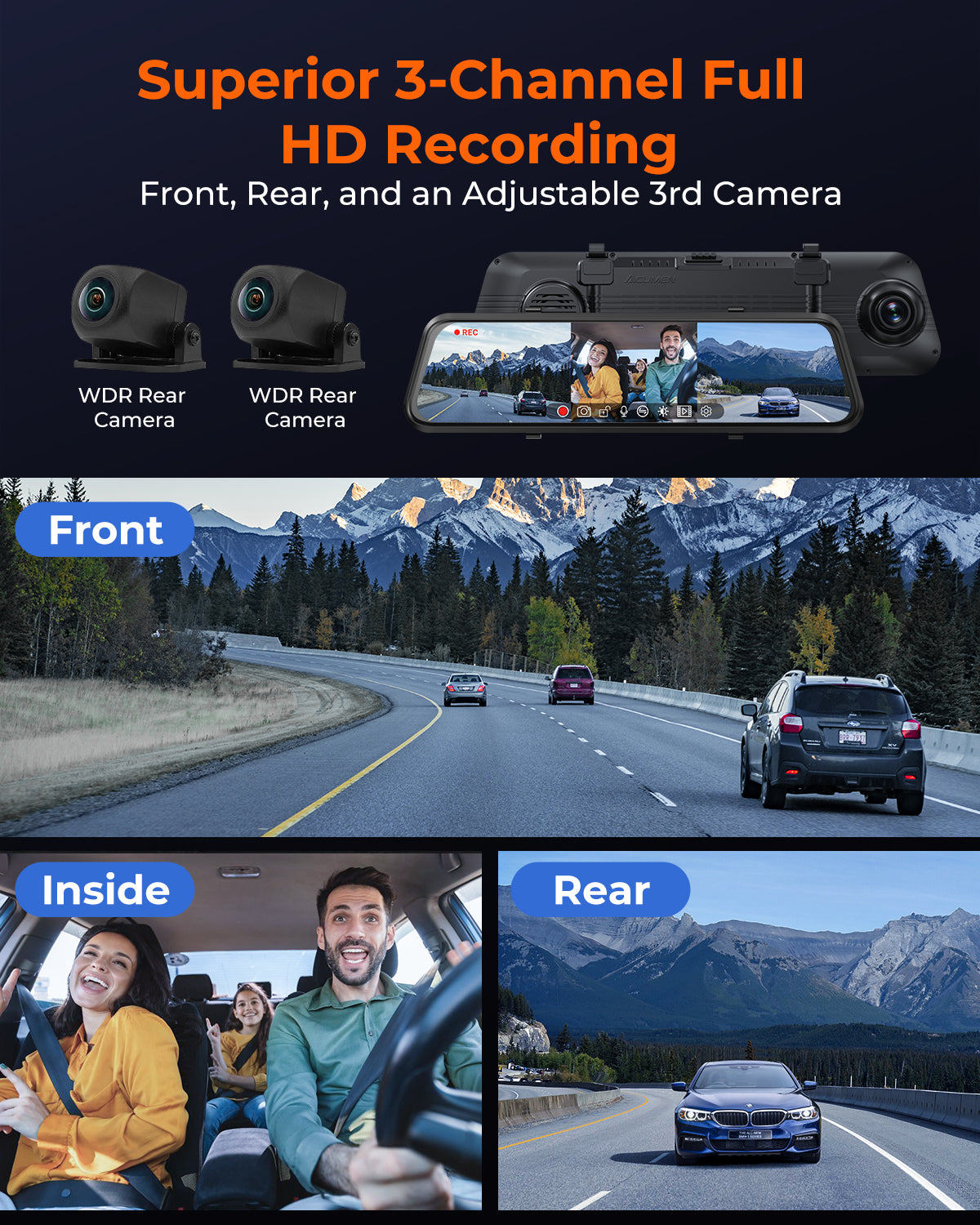 M4 3ch Mirror Dash Cam with 1080P 60fps Front+Rear+Bumper/Cabin Cameras ...