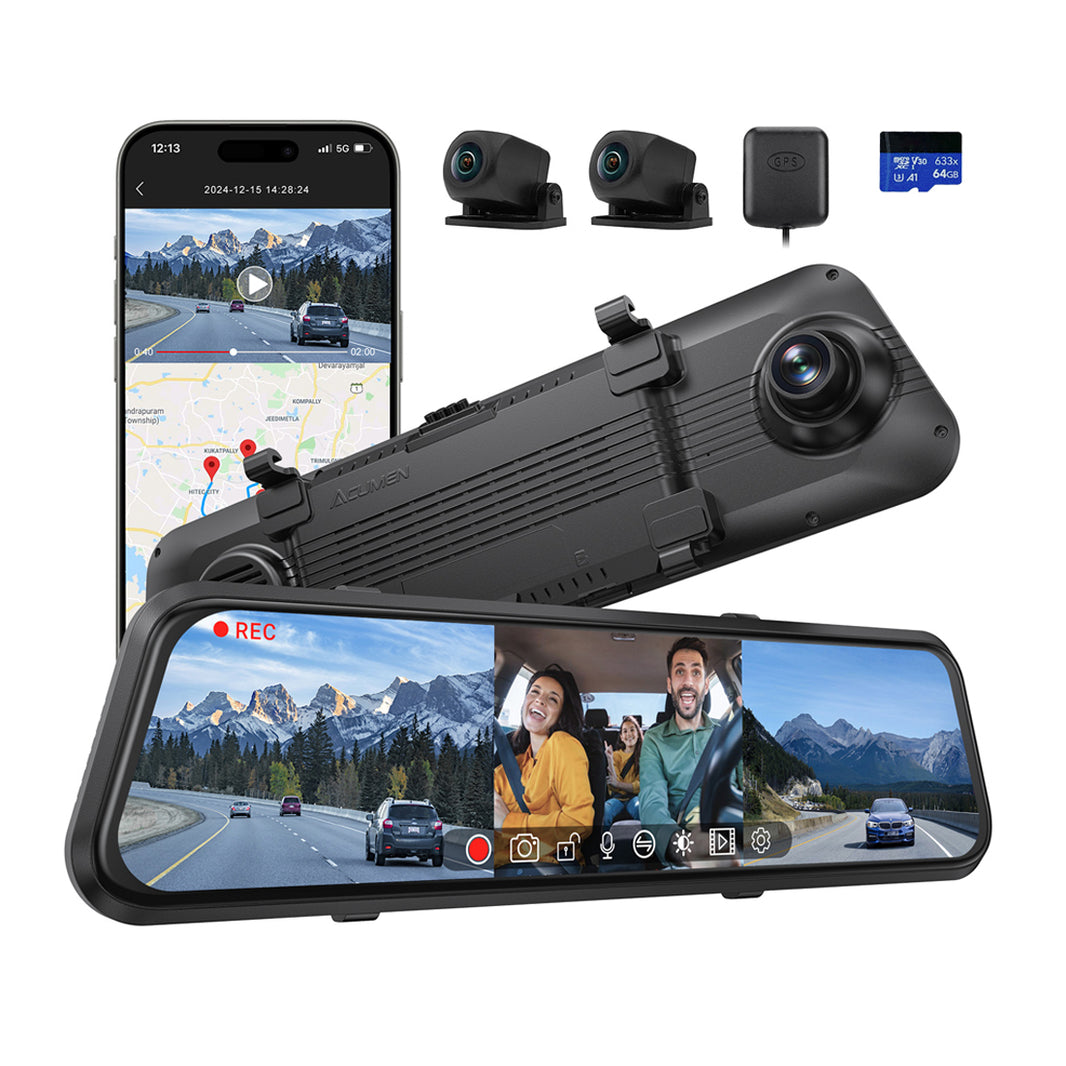 M4 3ch Mirror Dash Cam with 1080P 60fps Front+Rear+Bumper/Cabin Cameras ...